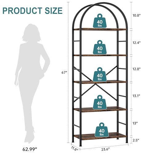 Shintenchi Bookshelf, Arched Bookshelf 5 Tier Bookcase, Tall Bookcase Shelf for CDs/Books, Home Office Bookcase Shelf Storage Organizer, Modern Book Shelf for Bedroom/Living Room, Rustic Brown