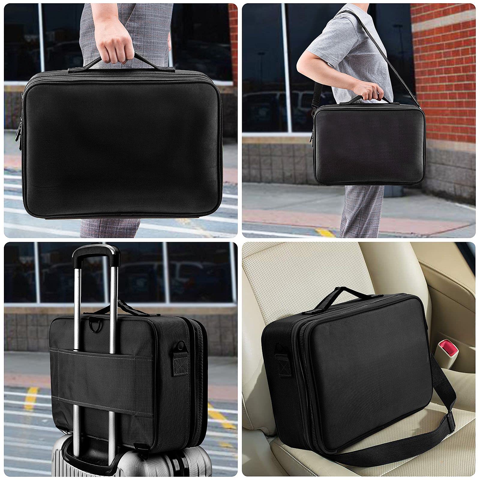 JAZZ GORDON Makeup Bag Large 3 Layers Travel Makeup Organizer Professional Makeup Case Portable Artist Storage Mkeup Brush Bag with Adjustable Dividers,Straps (Black)