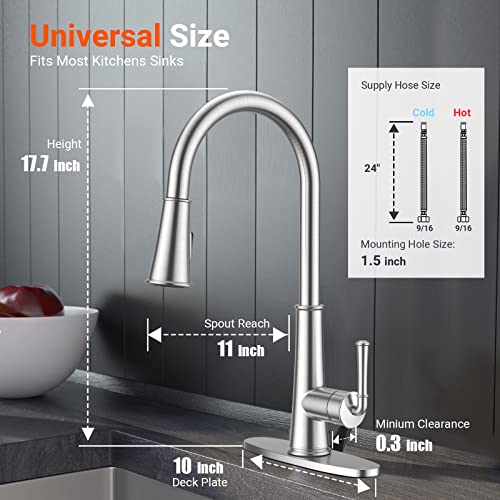 Kitchen Faucet with Pull Down Sprayer - LEPO Kitchen Sink Faucet with Led Light, Brushed Nickel, High Arc Commercial Stainless Steel Pull Out Rv Kitchen Faucet Bar(No Batteries Required)