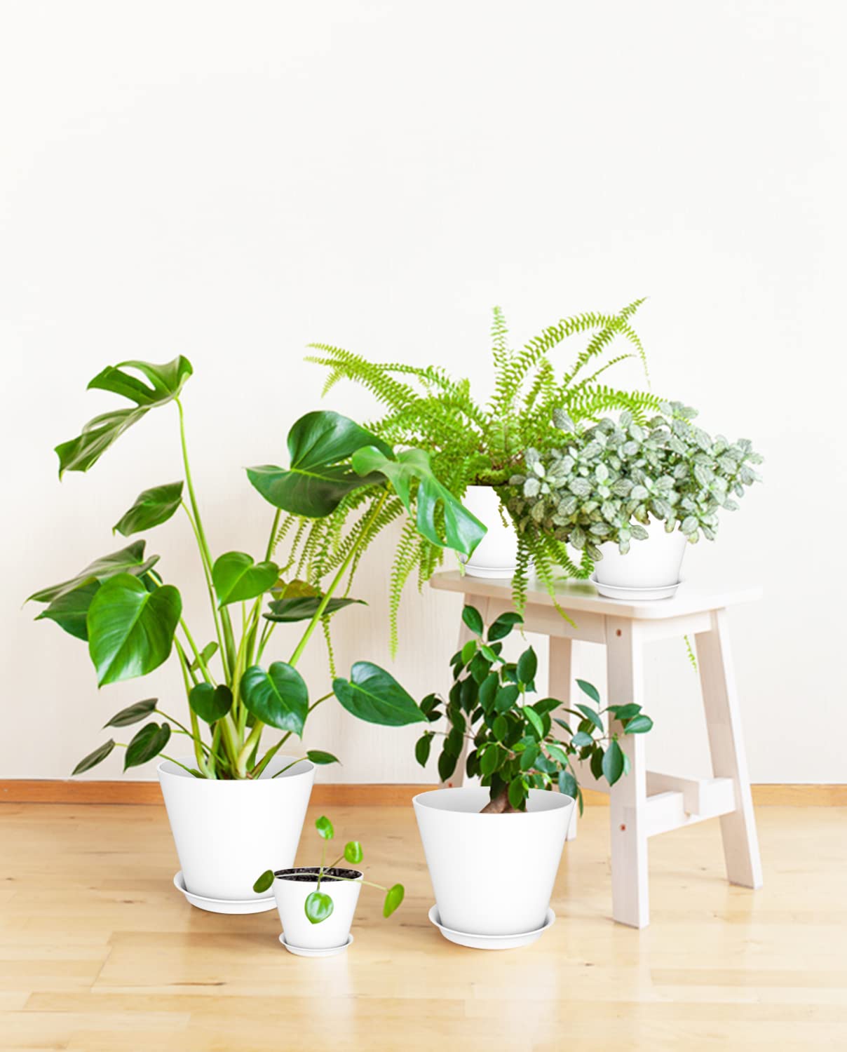 LaDoVita 7 Pack Plastic Plant Pots Indoor, 7/6.5/6/5.5/5/4.5/4 Inch Modern Planters for Plants, Flower Pots with Drainage Holes and Trays, White