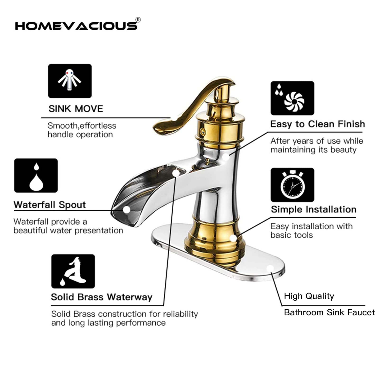 Homevacious Bathroom Faucet Waterfall Single Handle Chrome and Gold Vanity with Pop Up Drain with Overflow One Hole Lever Bath Sink Basin Restroom Mixer Tap Commercial Supply Line Lead-Free