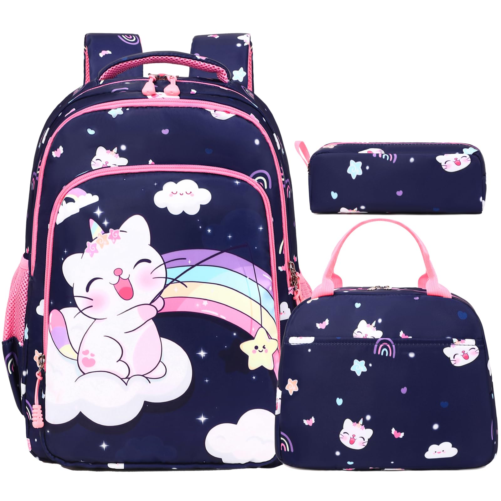 Kimwadalh Girls Backpack Set for School, Cute Rabbit School Backpack with Lunch Box Pencil Case & Chest Strap for Preschool Elementary