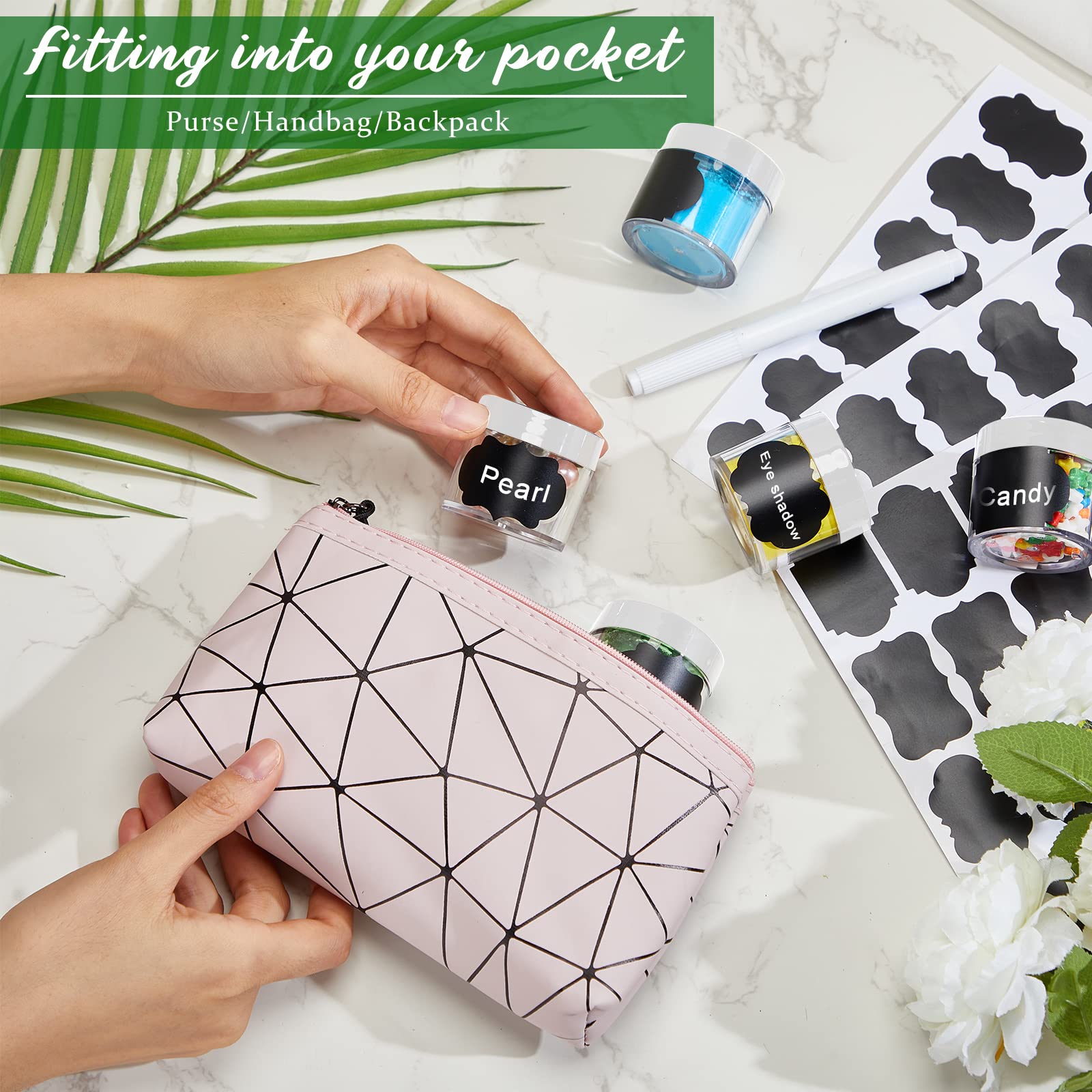 Potchen 100 Set Plastic Jars Makeup Travel Makeup Container with Lids Storage Containers for Creams Toiletries Small Containers with Lids Chalkboard Label Stickers Marker (White, 1 Oz)