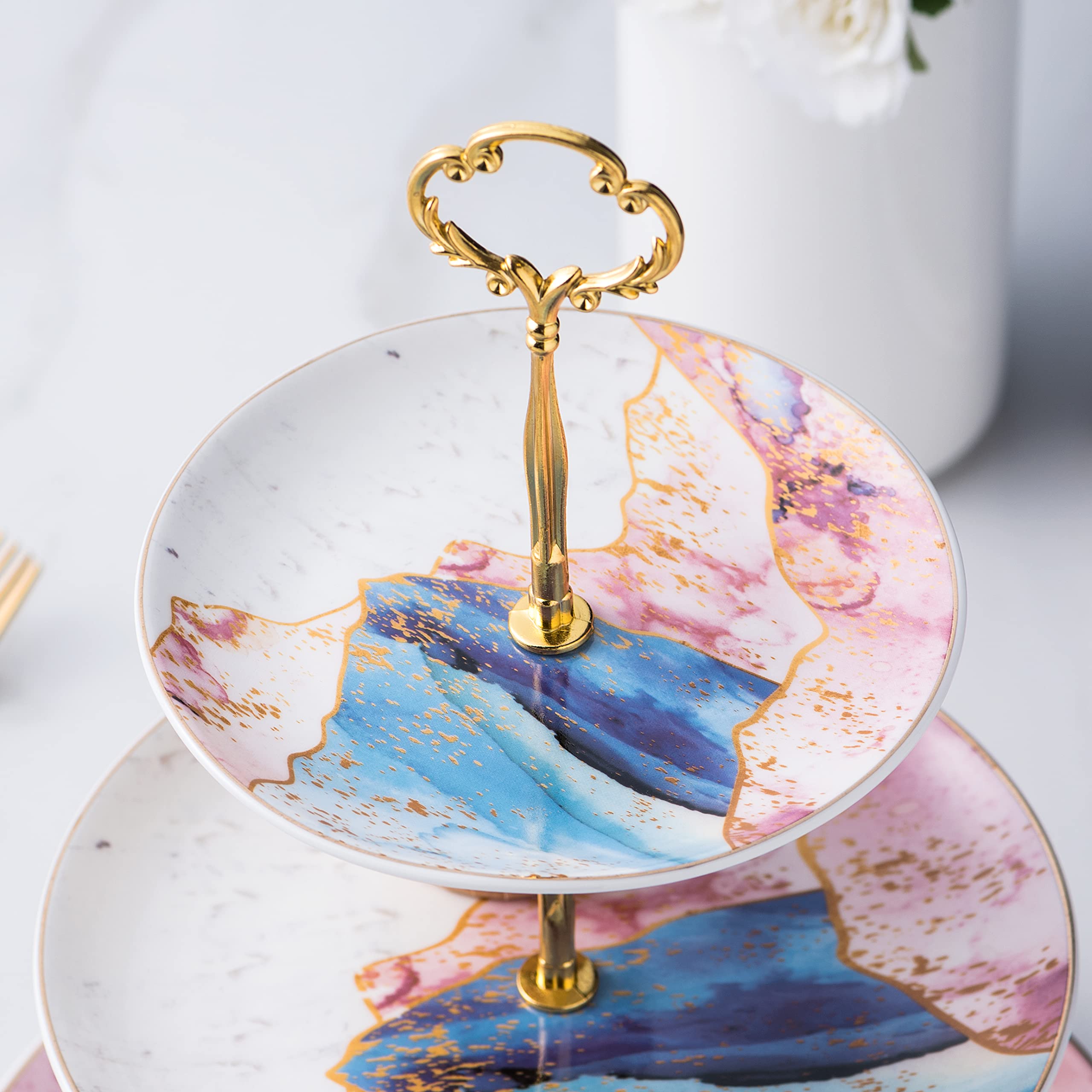 Jusalpha Fine China Rainbow Galaxy Series 3-tier Cake Stand- Cupcake Stand- Tea Party Pastry Serving Platter in Gift Box and a Free Sugar Tong (Rainbow Galaxy 3T)