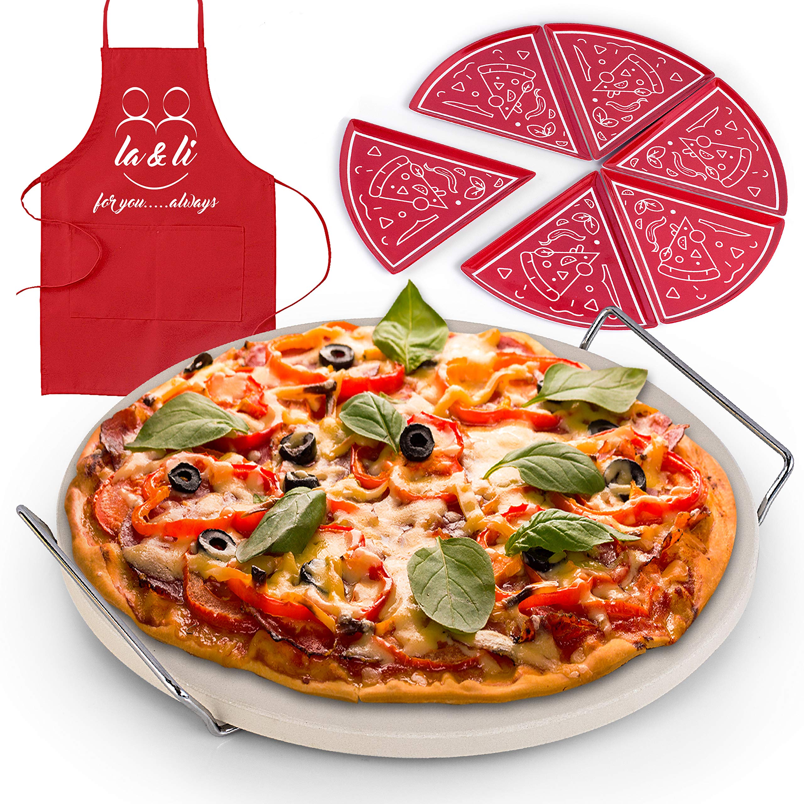 La & Li Pizza Stone for Grill and Oven - 13" Ceramic Round Oven Pizza Stone Set with Multipurpose Rack with Handles, 6 Plates, & Apron - Pizza Stone for Oven for Baking, Pizza, Bread, Cookies, & More