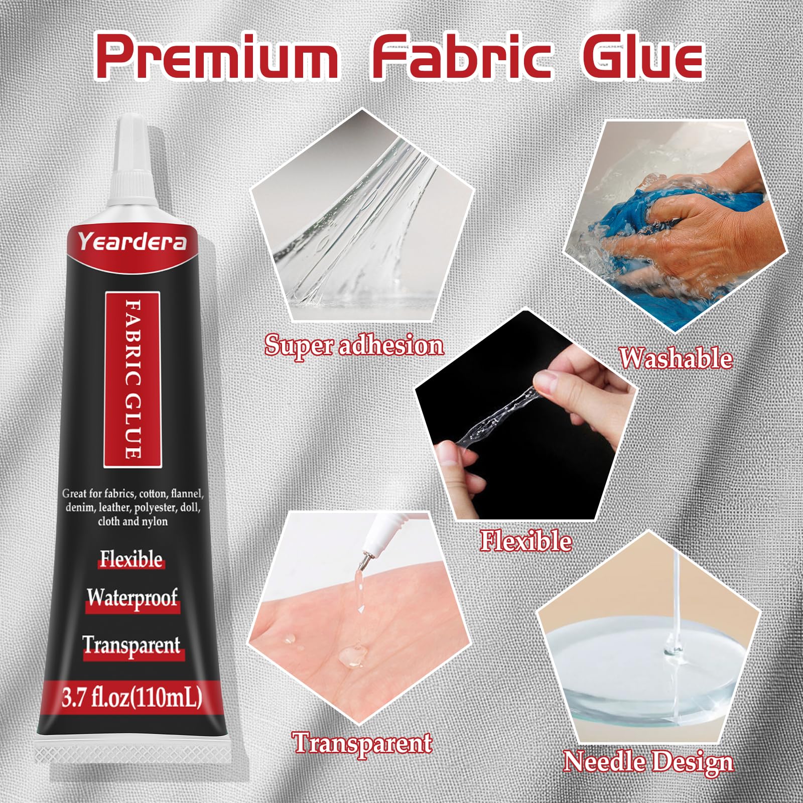Yeardera Fabric Glue, 110ml Clear Fabric Glue for Clothing Permanent Washable, Fabric Fusion Glue for All Fabrics, Clothes, Leather, Cotton, Flannel, Denim, Polyester, Doll Repair