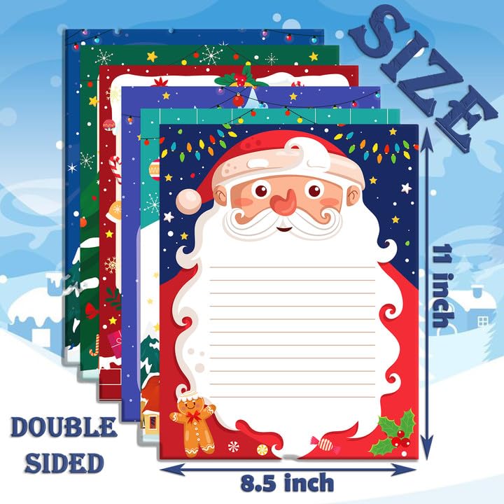 GLKTOPO 60 Sheets Christmas Stationery Paper, 8.5" x 11" Double Sided Holiday Letterhead, 6 Design Deco Writing Paper for Xmas Notes Cards Invitation Scrapbook Crafts Office School Printing Supplies