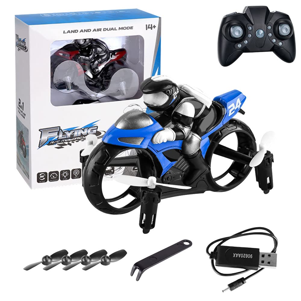 HCPBRS Magic RC Fly Motorbike, 2.4GHz Remote Control Motorcycle Toys Mini Flying Motorcycle with Light, 2 in 1 Land Air Motorcycle Aircraft, 360Β° Rotation Drift Stunt RC Drone (Blue)