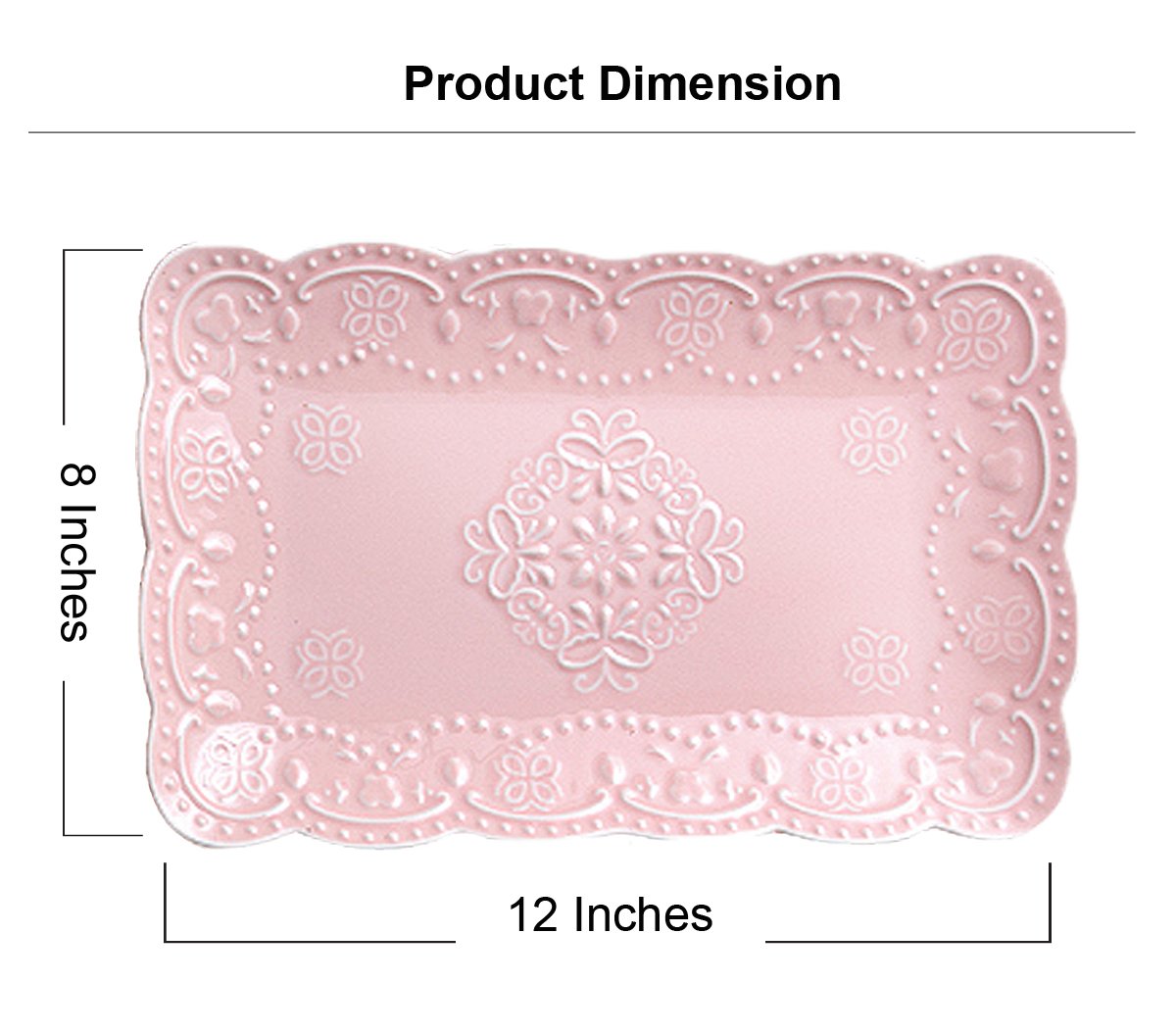 Jusalpha® Fine China Rectangle Embossed Lace Plate (12 Inches, Pink, 2 Set)