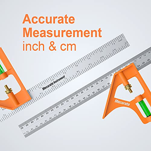 Mecurate 12β Combination Square, 12 Inch 300mm Stainless Steel Combo Square for Accurate and Adjustable Woodworking Measurement with 2pcs Carpentery Pencils (12 inch)