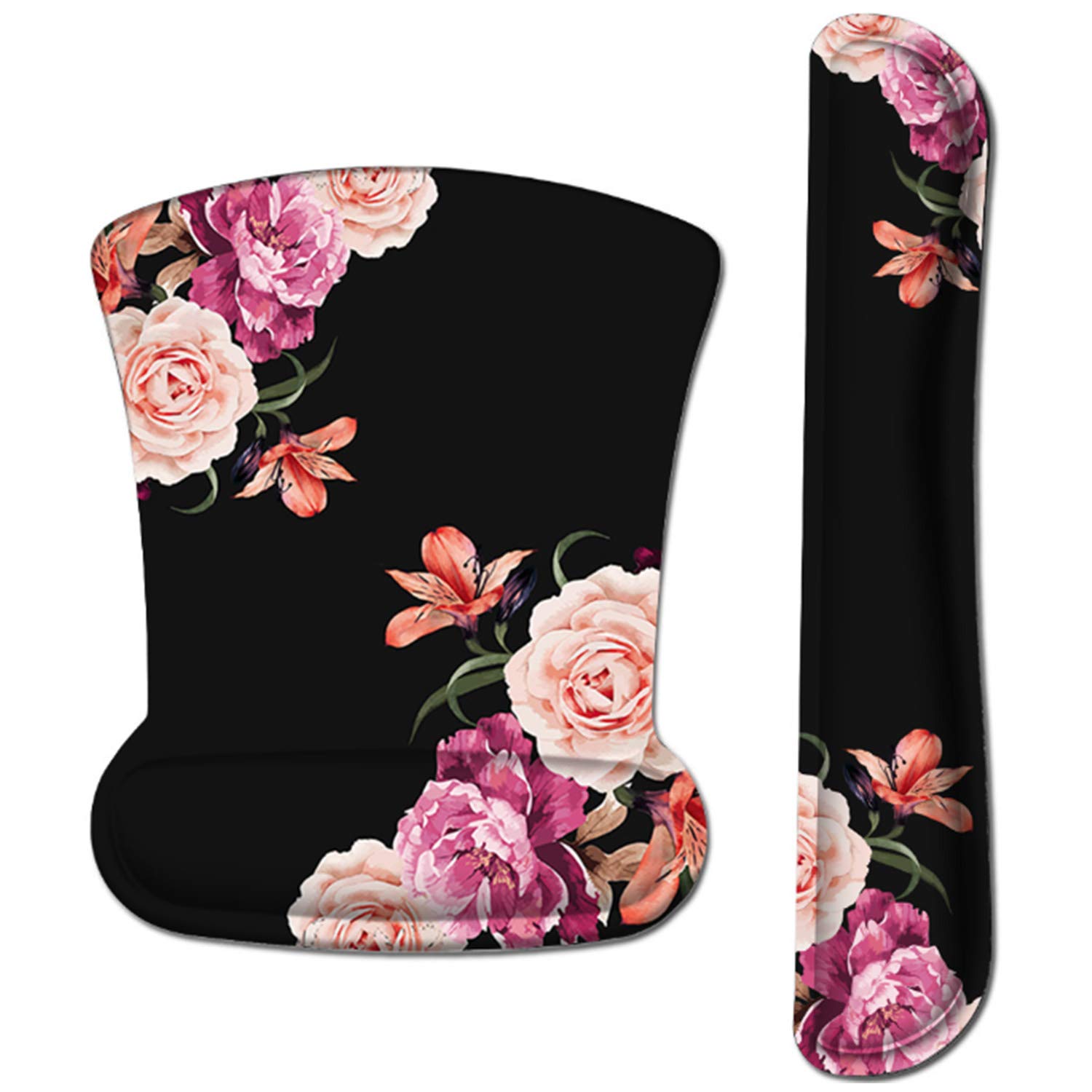 iLeadon Keyboard Wrist Rest Pad and Mouse Pad Wrist Support, Non Slip Rubber Base Mousepad Set, Mouse Wrist Rest with Ergonomic Raised Memory Foam for Easy Typing & Pain Relief, Adorable Peony Flower