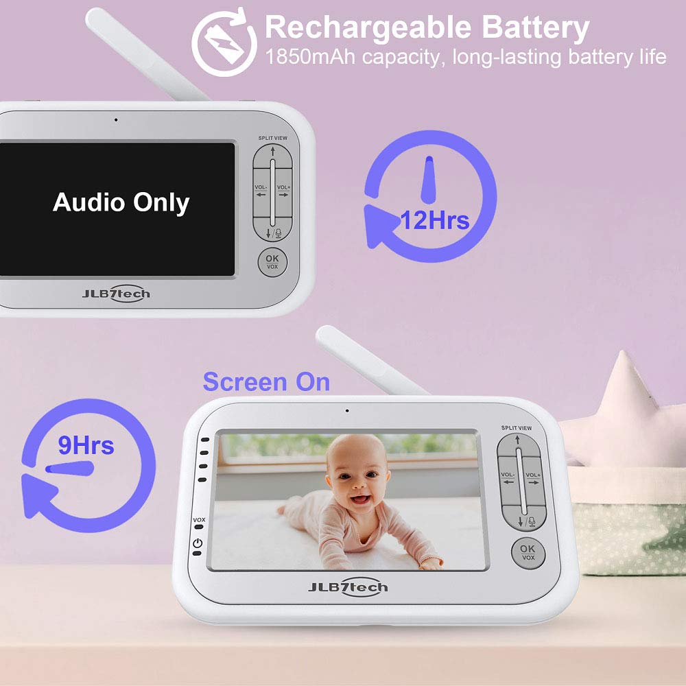 JLB7tech Baby Monitor,5" Split Screen Video Baby Monitor 1 Camera and Audio,Night Vision,Two-Way Talk,Long Range,FeedingTime,Lullabies,Temperature Detection,Power Saving/Vox,Zoom in