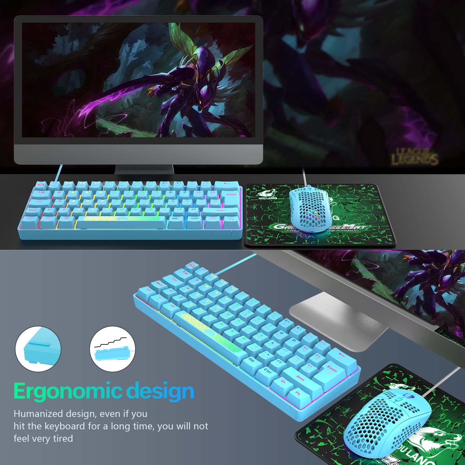 K65 Pro 60% Gaming Keyboard and Mouse Combo Small Mini RGB Backlight Mechanical Keyboard and Ultralight Honeycomb Optical Mouse,Mouse Pad Tactile Blue Switch Anti-Ghosting for Xbox,PS4,PC,Laptop(Blue)