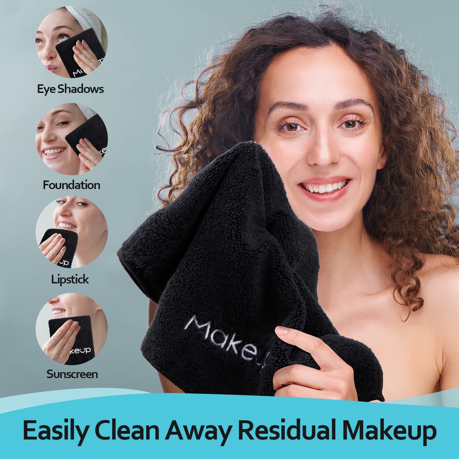 HOMEXCEL Makeup Remover Cloth 6 Pack,Premium Washable Soft 13x13 Inch Facial Cleansing Makeup Towels,Quick Dry Microfiber Face Towels Washcloths For All Skin Types,Black