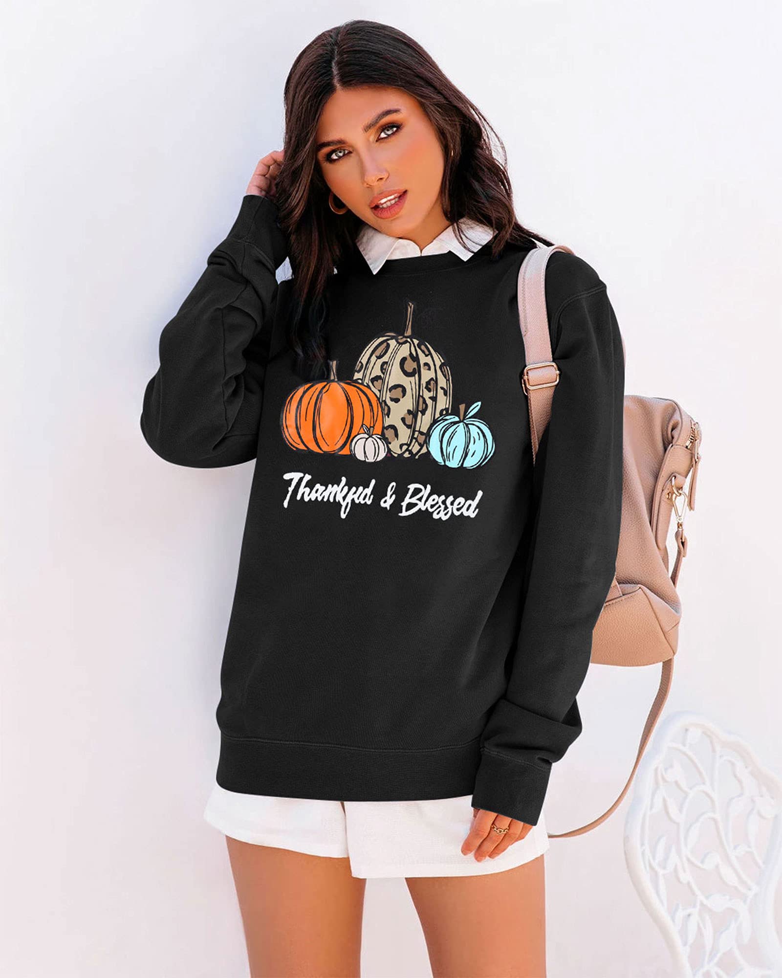 KIDDAD Thankful Blessed Sweatshirt Womens Thanksgiving Shirt Cute Leopard Pumpkin Pullover Shirt Casual Fall Long Sleeve Tops