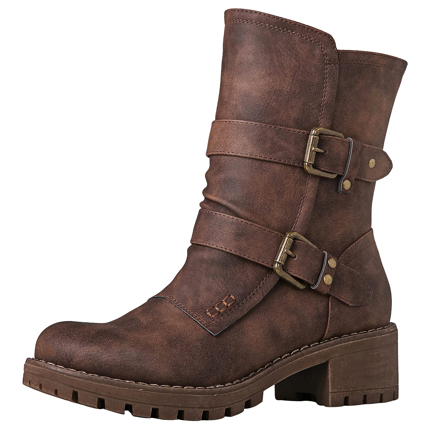 GLOBALWIN Women's Biker Boots Lace up Mid Calf Motorcycle Fashion Festival Boots Combat Riding Military Boots for Women Brown Size 7