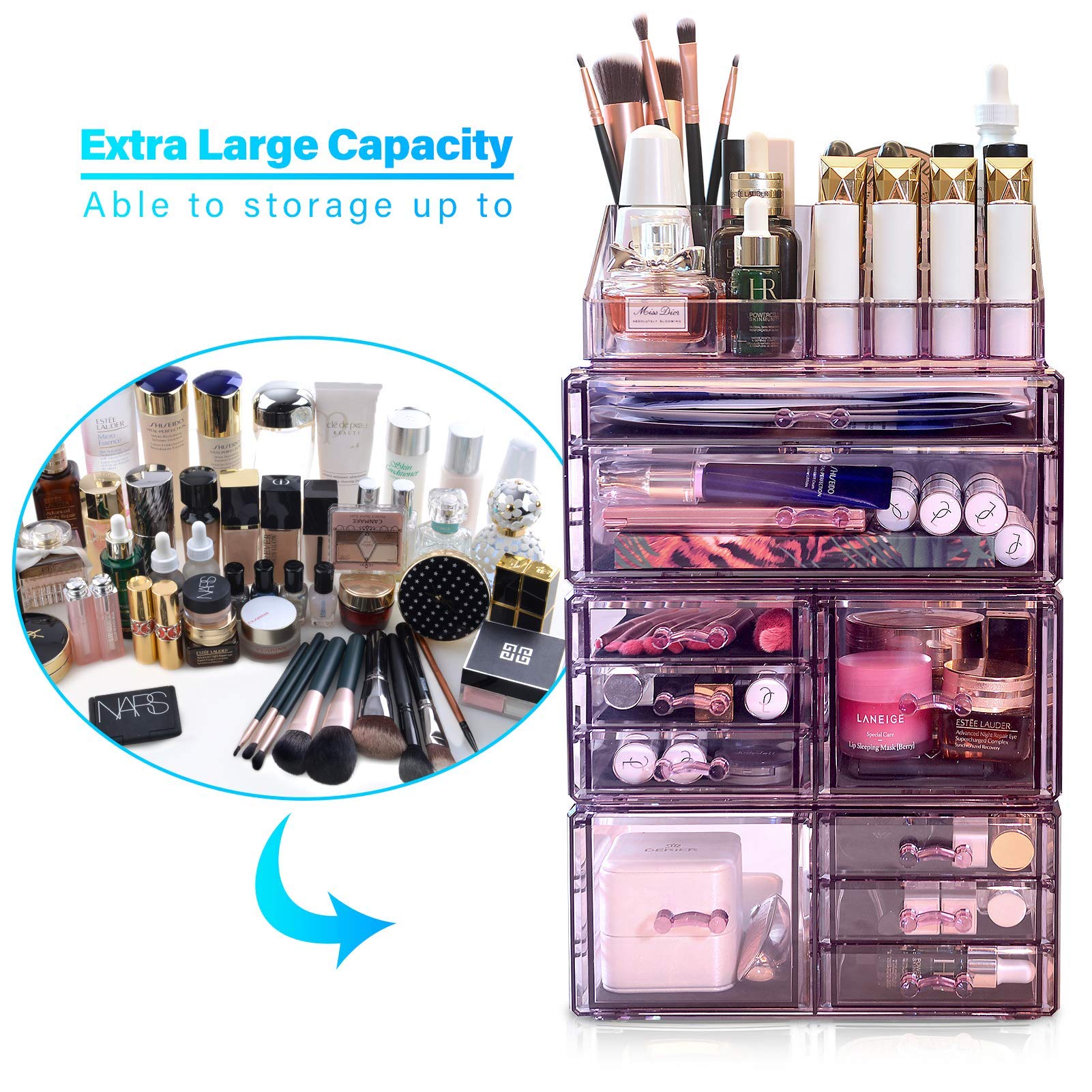 InnSweet Makeup Organizer Large Cosmetic Storage Drawers and Jewelry Display Box for Vanity, Makeup Holder with 10 Drawers, Purple
