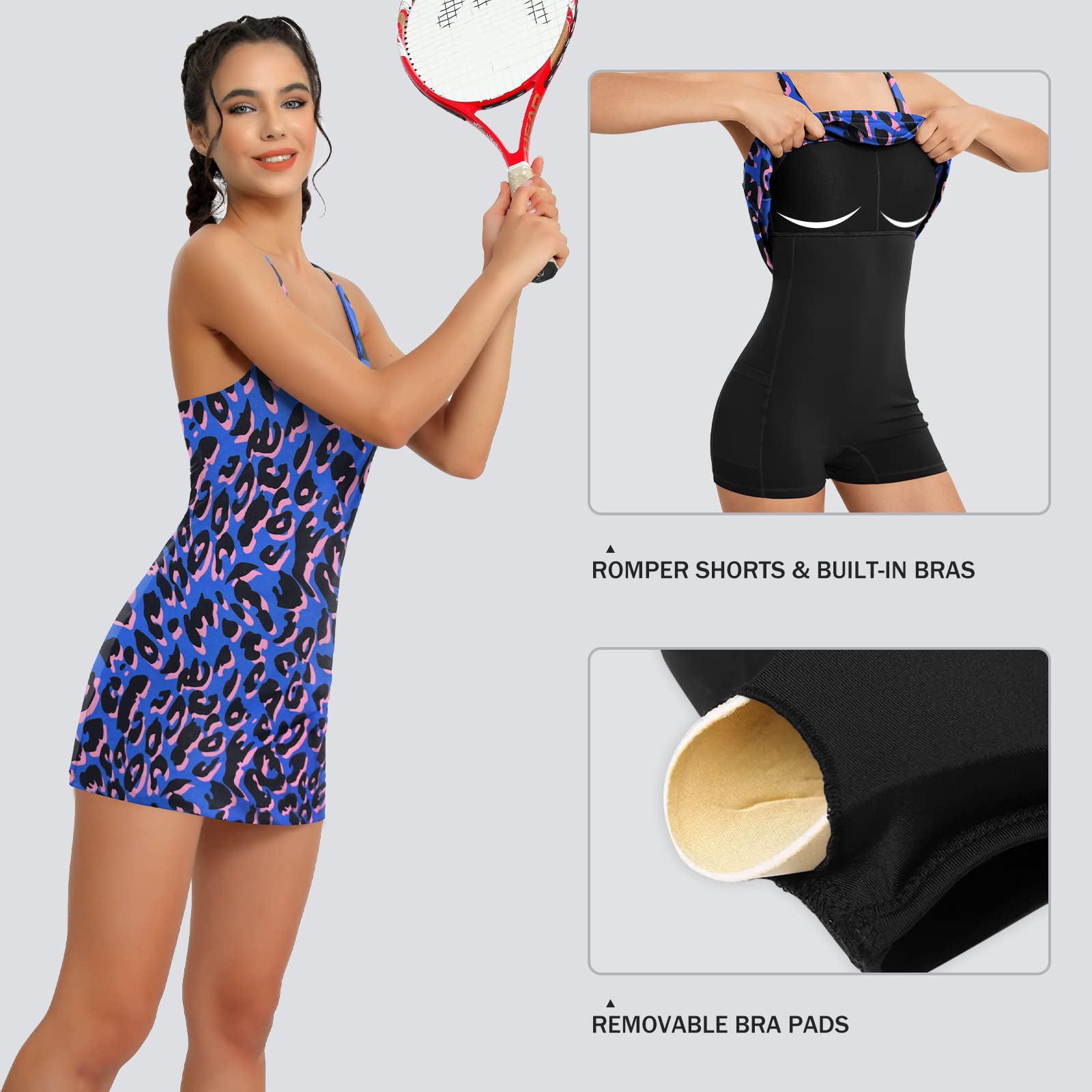 LouKeith Womens Tennis Dress with Built in Shorts & Bra Exercise Workout Sleeveless Athletic Golf Dresses with Pockets Leopard Print M