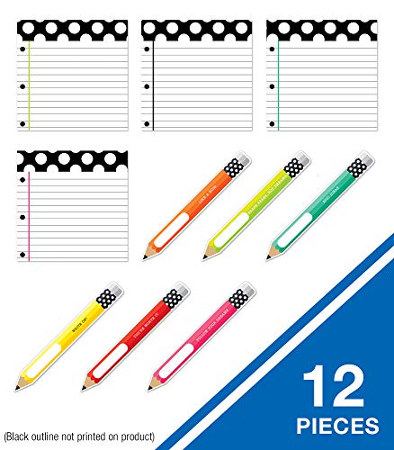 Schoolgirl Style Black, White & Stylish Brights 12 Piece Pencil and Paper Bulletin Board Cutouts, Pencil and Paper Bulletin Board Decorations and Classroom Décor