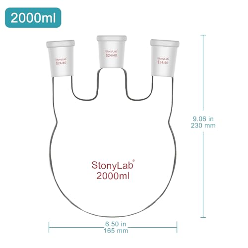 stonylab Round Bottom Flask with 3 Straight Neck-24/40 Standard Joints, 2000 ml High Borosilicate Glass, Ideal for Chemistry, Laboratory, Scientific Experiments, Distillation, and Reflux Applications
