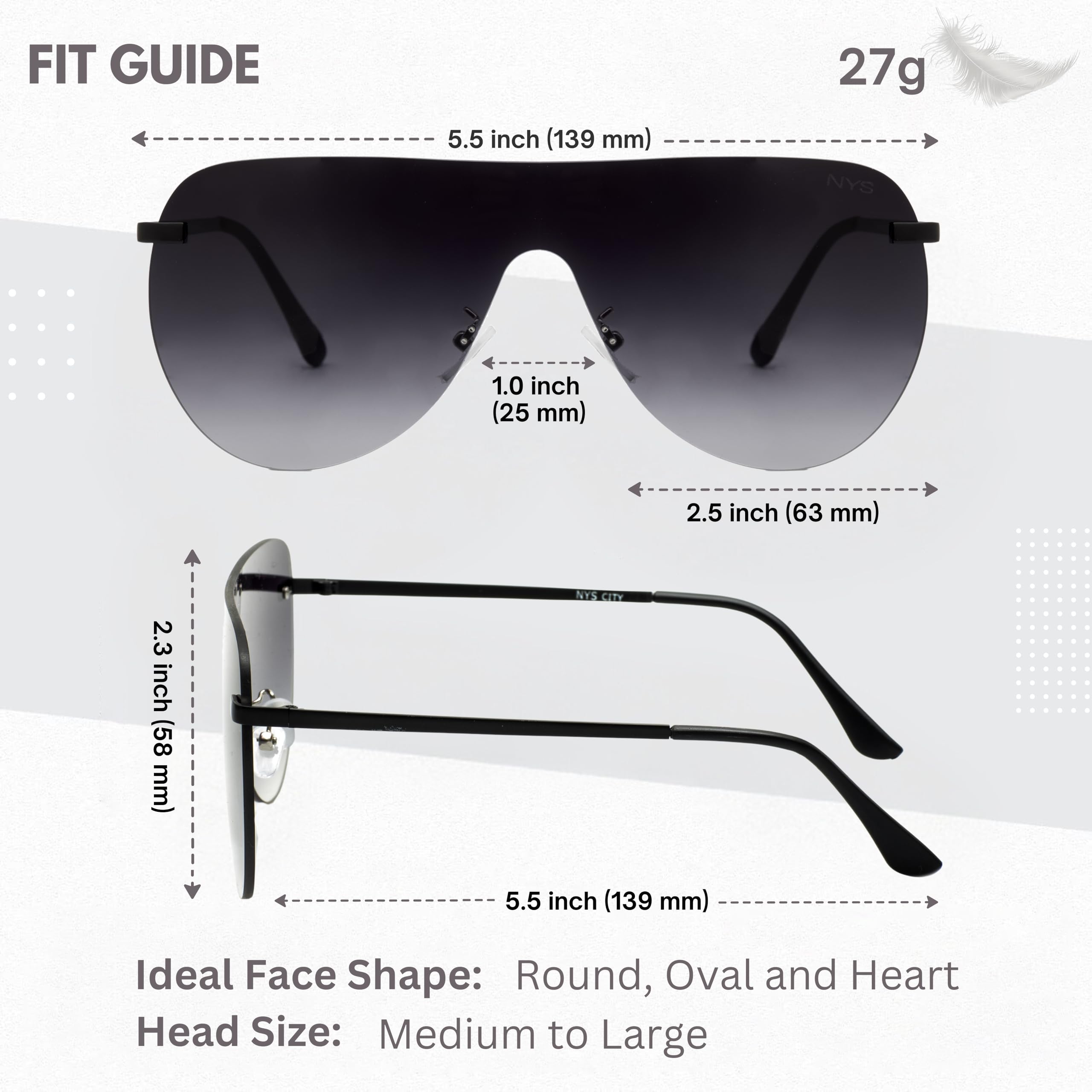 NYS Collection Flat Top Shield Metal Aviator Sunglasses for Men Women 100% UV400 Protection (Clear)