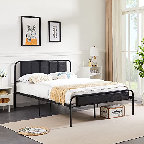 VECELO Full Bed Frame Heavy Duty Metal Platform with Wooden Headboard Footboard Mattress Foundation 12 Strong Steel Slats Support Under Bed Storage/Easy Assemble