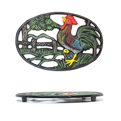 LECUNE Cast Iron Trivets for Hot Dishes - Vintage Chicken Pattern Placemat - Hot Pot Holder Pads Trivet with Rubber Pegs for Rustic Kitchen Counter or Dining Table Gift
