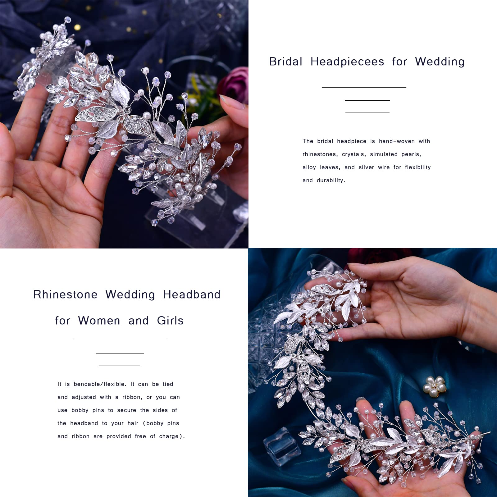 LOVFOIVER Rhinestone Wedding Headband Handmade Leaf Crystal Bridal Headpieces for Wedding Hair Accessories for Brides and Bridesmaidā¦