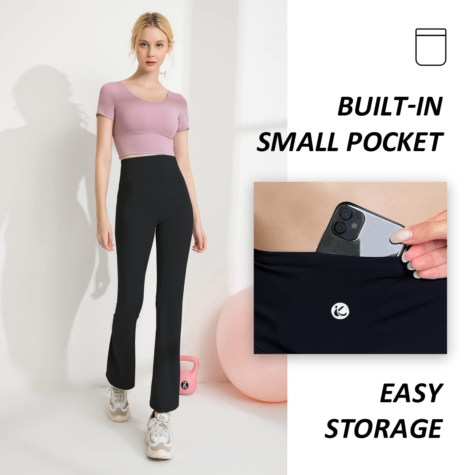 Kickticks Flare Yoga Pants with Pockets for Women Bootcut Leggings - High Waisted Bootleg Pants Tummy Control Compression XL Black