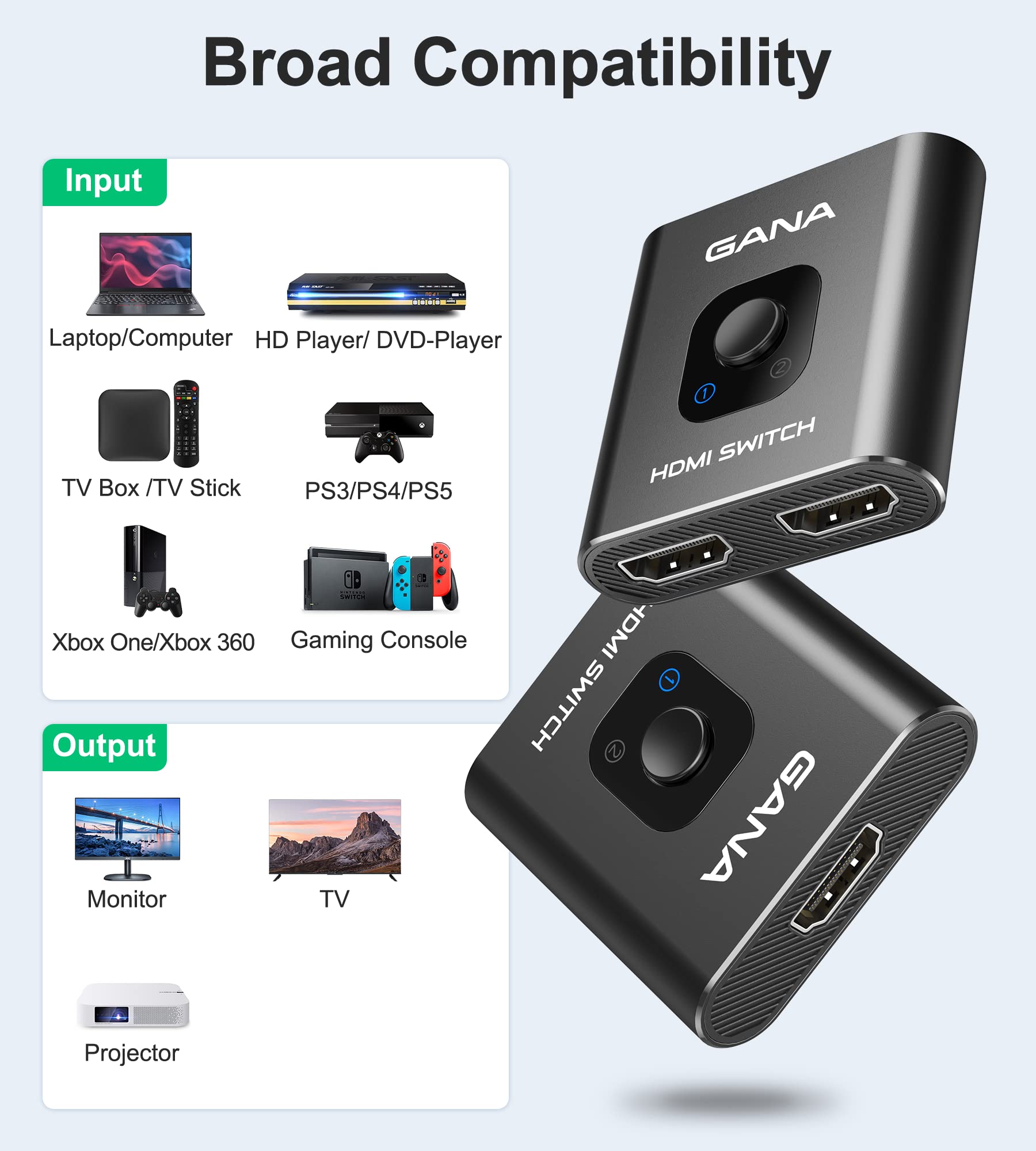 HDMI Switch 4k@60hz Splitter, GANA Aluminum Bidirectional HDMI Switcher 2 in 1 Out, Manual HDMI Hub Supports HD Compatible with Xbox PS5/4/3 Blu-Ray Player Fire Stick Roku
