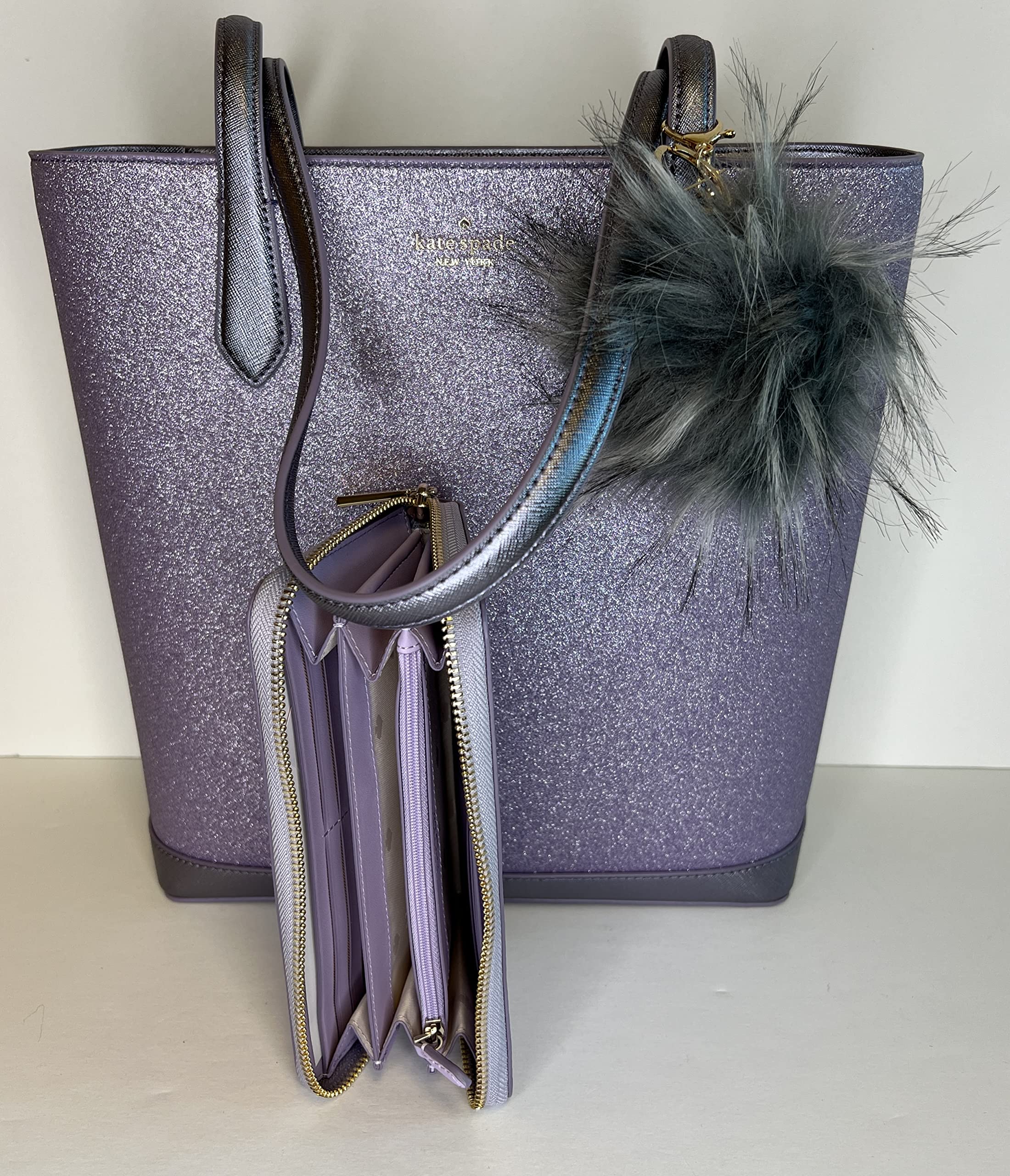 Kate Spade New York Tinsel Glitter Tote bundled with Large Continental Wallet and Fur Pom (Lilac Frost)