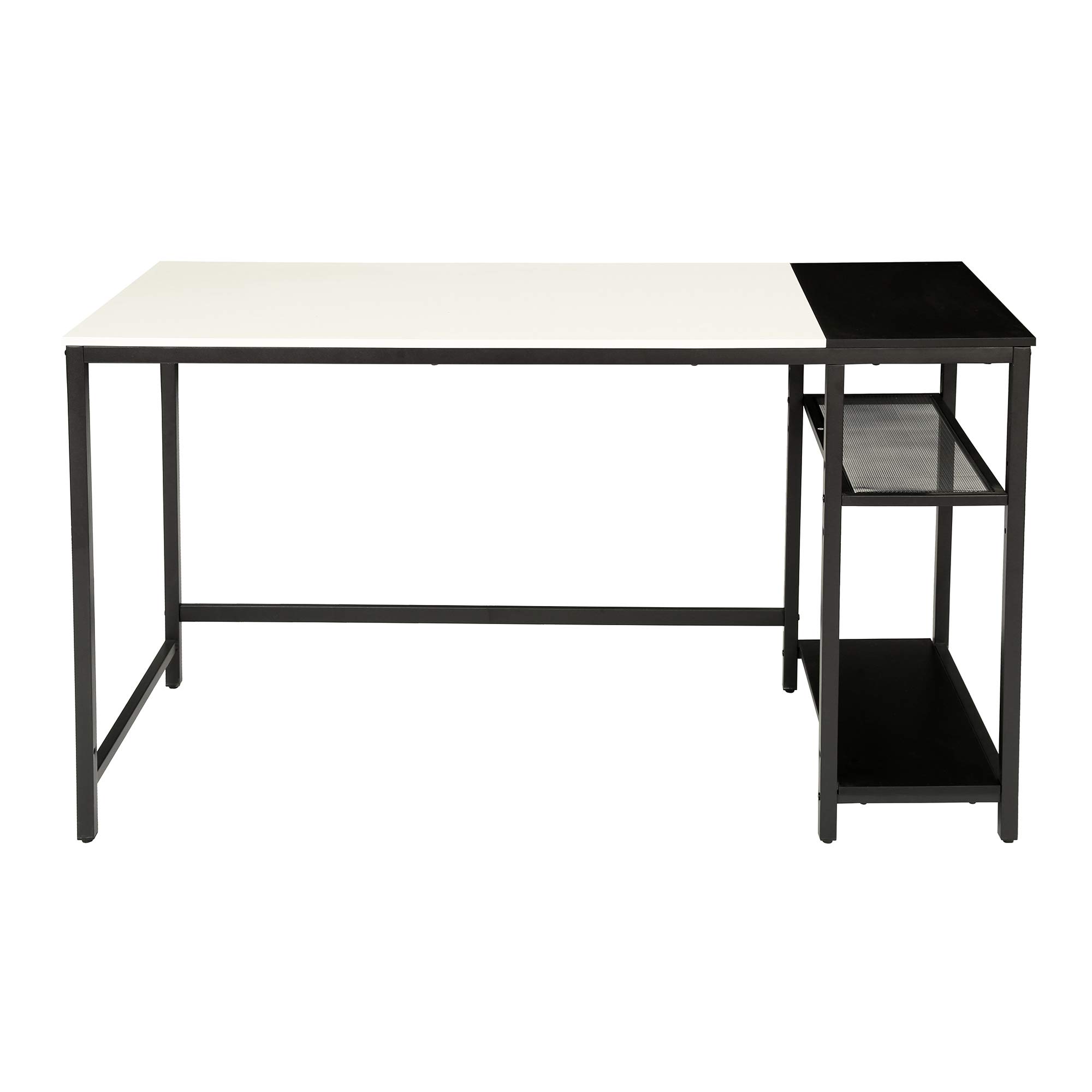 JEROAL 55 Inch Computer Desk with Shelves, Large Wooden Desk with 2 Storage Shelves, Industrial Study Writing Table for Home, Office and Study Room, White and Black Desktop with Black Metal Base