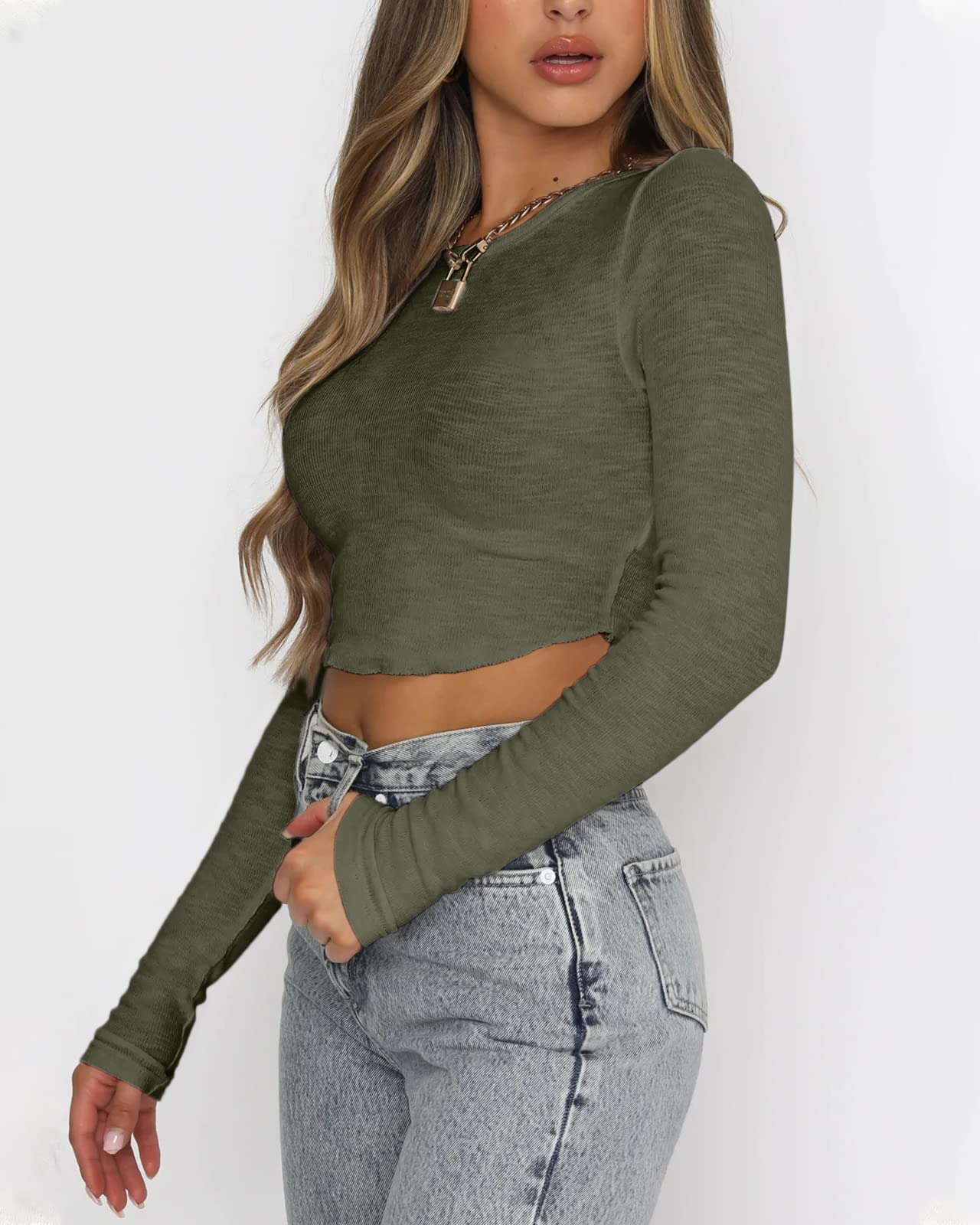 Mallnear Women's Crew Neck Long Sleeve Crop Top Summer Workout Slim Fitted Casual Basic Tee Shirts Pullovers Army Green