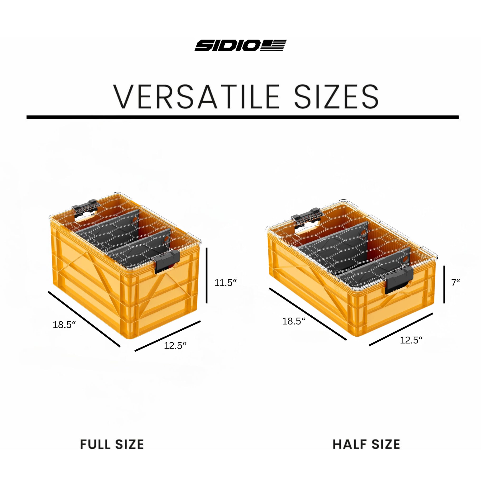 SIDIO CRATE Starter Pack - Two Full Size and One Half Size Heavy Duty Stackable Storage Bins, Totes and Containers with Lids and Dividers - Durable Organizer for Home, Office, Garage, and Outdoor Use