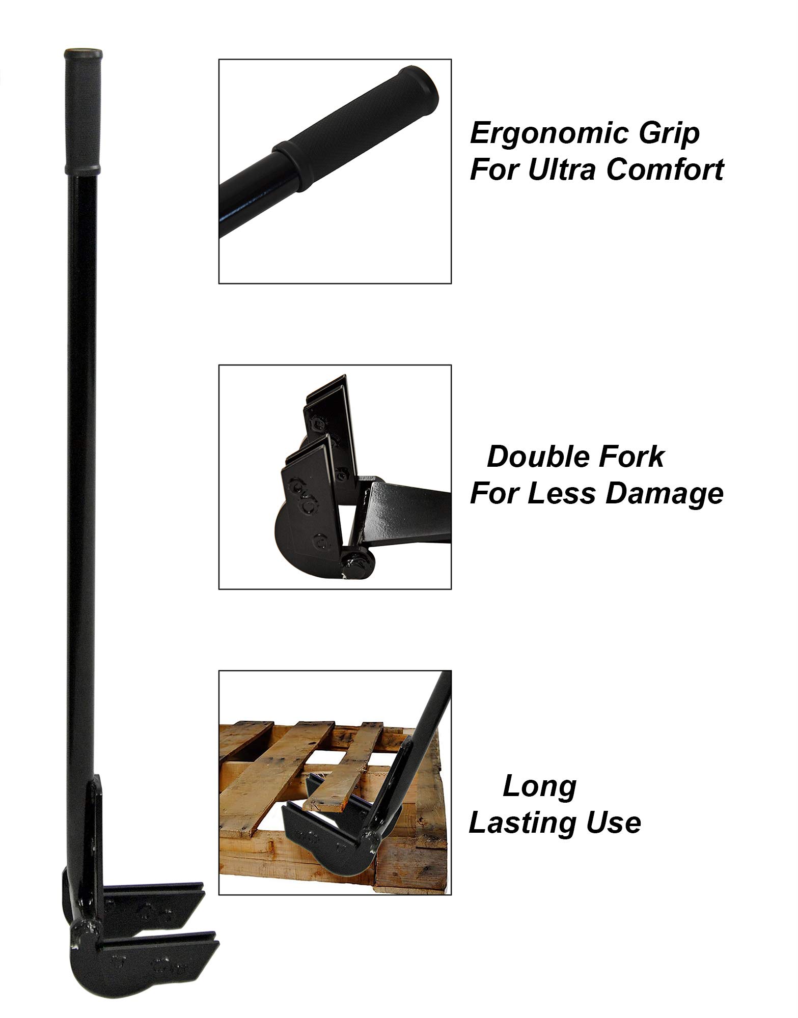 HOME-X Heavy-Duty Pallet Buster with Rotating Head, 45-Inch Powder-Coated Steel with Rubber Handle, No Assembly Required, 45" L x 6" W x 1 ¼ " H, Black