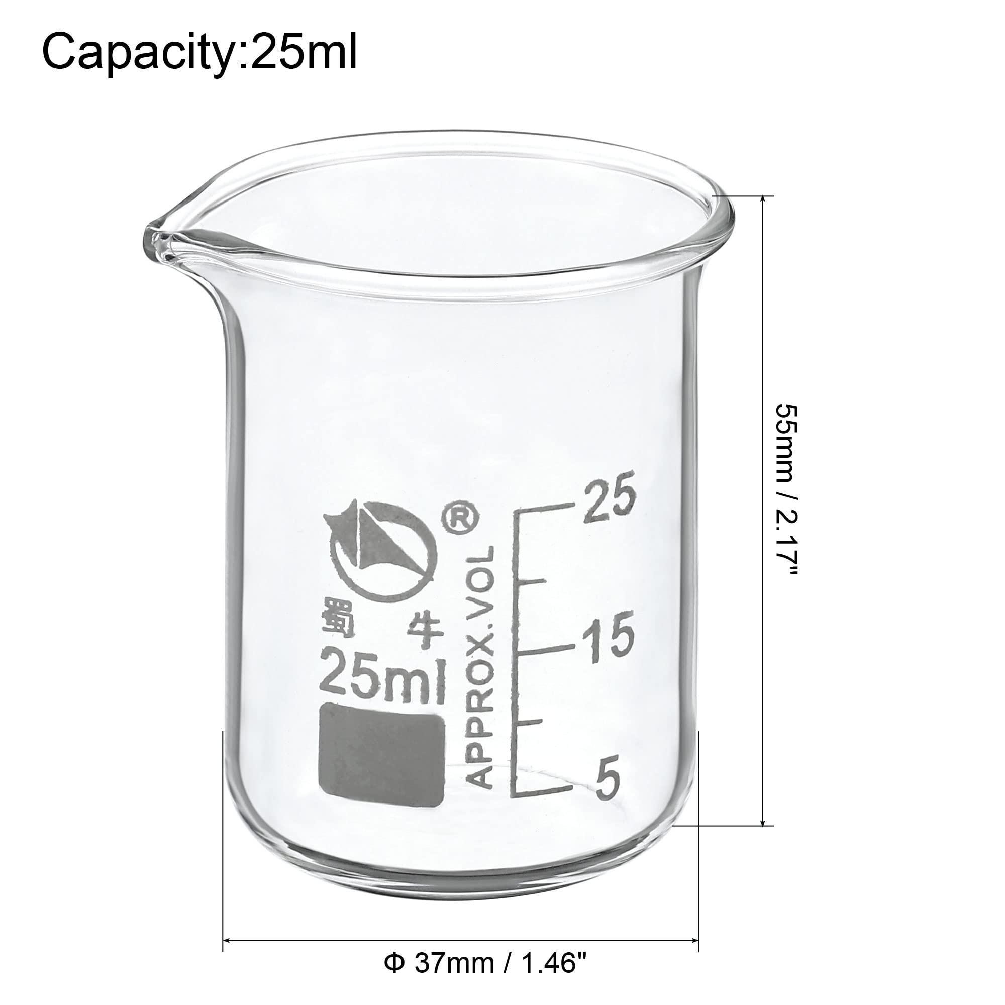 PATIKIL 25ml Low Form Glass Beaker, 3.3 Borosilicate Glass Graduated Printed Scale Measuring Cups with Spout for Kitchen Lab Liquids Transit Boiling