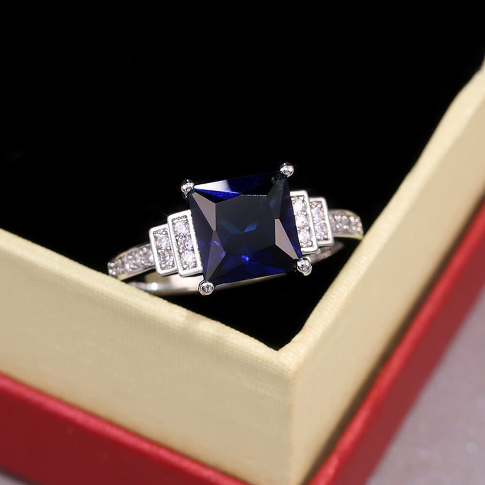 Koguxuix 14K White Gold Plated Sterling Silver Perfect Princess Cut Blue Sapphire Round Clear CZ Crystal Diamond Women's Engagement Ring (Size 8)