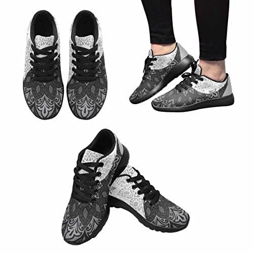 InterestPrint A Black and White Mandala Women's Running Shoes Lightweight Non-Slip Breathable Walking Shoes US8