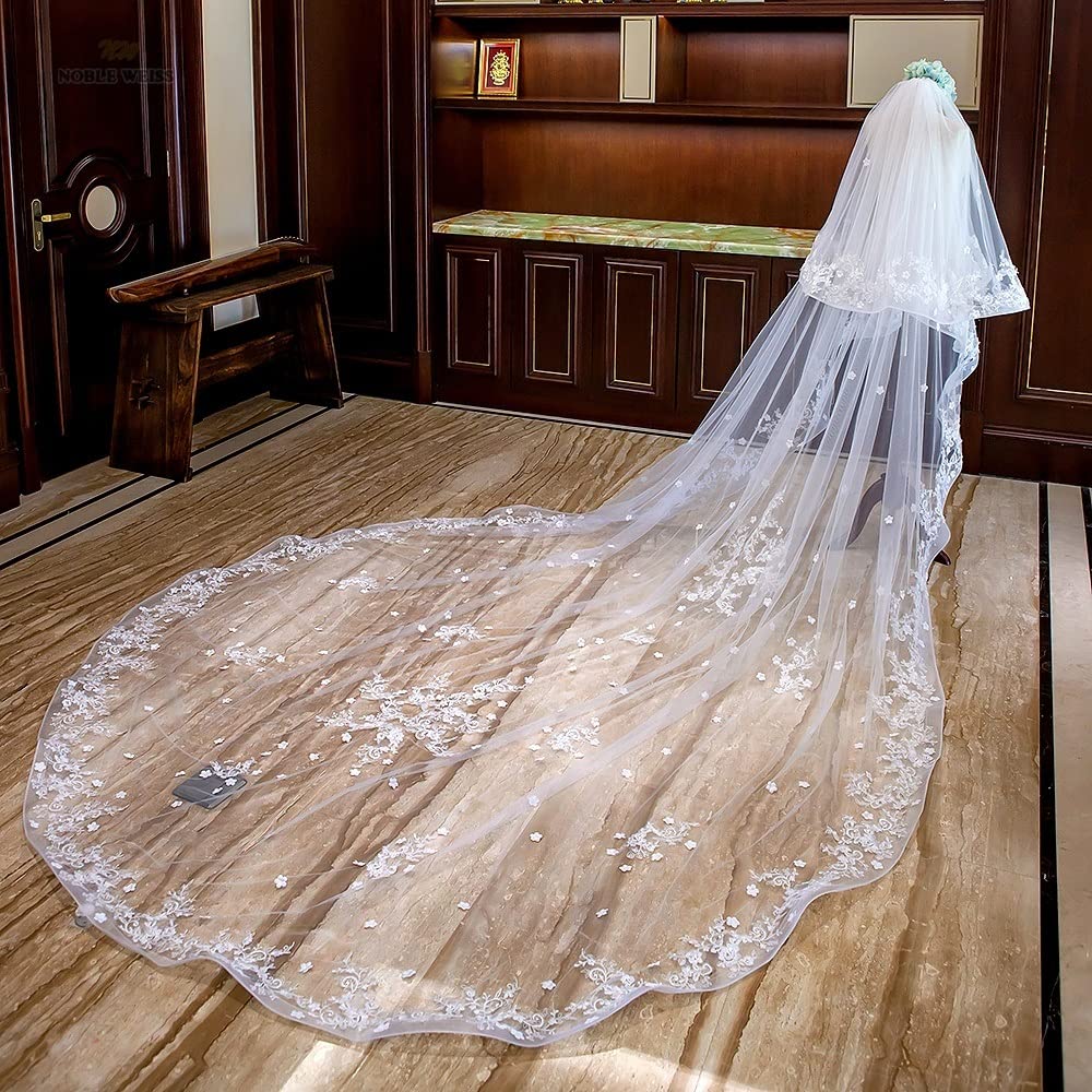 LUKEO Long Wedding Veils with Comb Two Layers Appliques Bride Veil Lace Edge Tulle Accessories