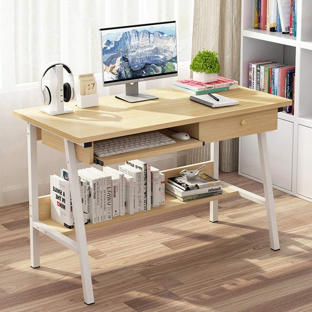 HIZLJJ Computer Desk,Wooden Computer Desk,Laptop Pc Table with Drawer Keyboard Tray,2 Layer Computer Workstation Writing Desk for Home Office (Color : B)