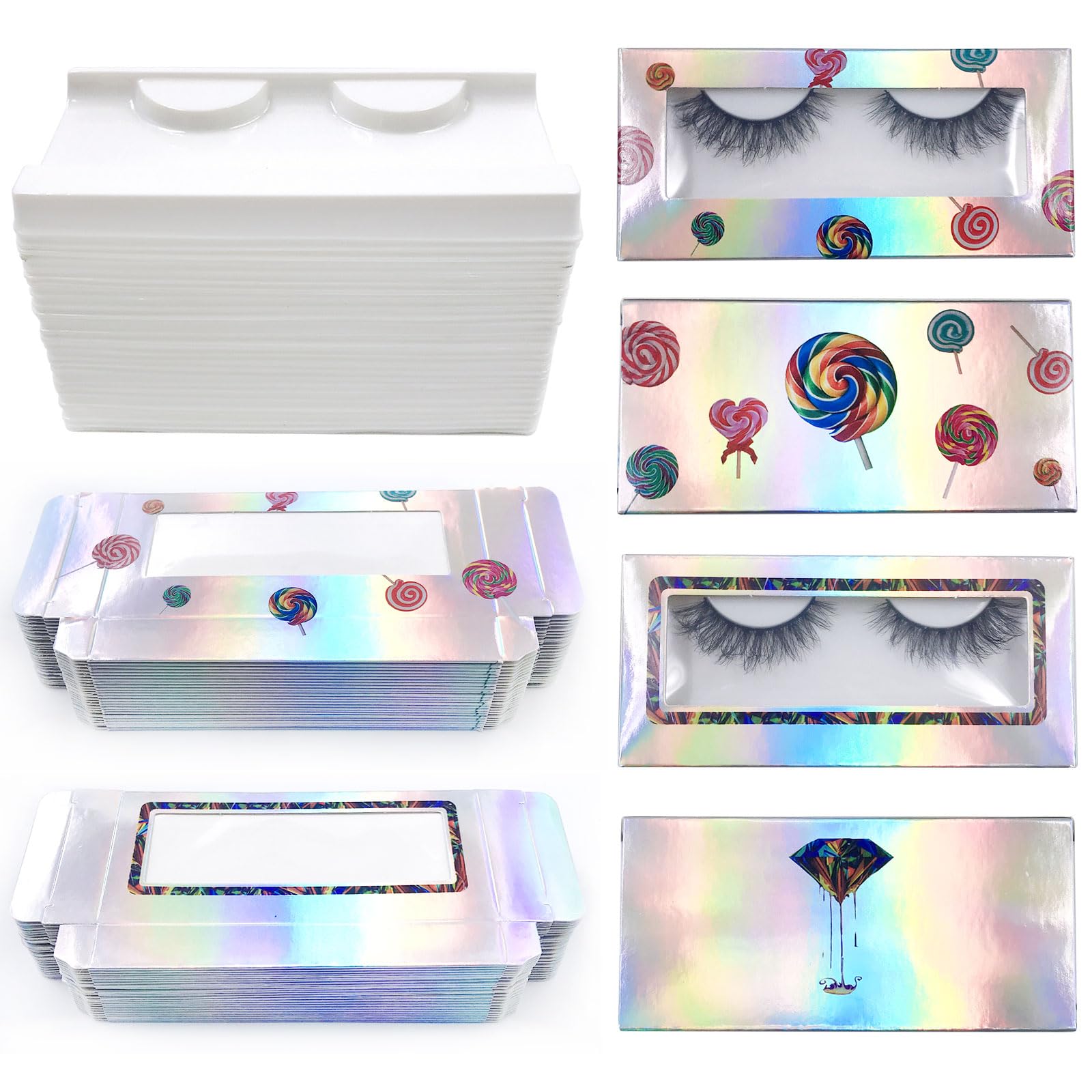 IFLOVEDEKD 100 Pieces Lash Boxes Packaging Including 50 Empty Eyelash Packaging Lash Box, 50 Lash Box False Lash Trays Lash Packaging, 104+106 Styles Eyelash Boxes Glitter Lash Box Mix