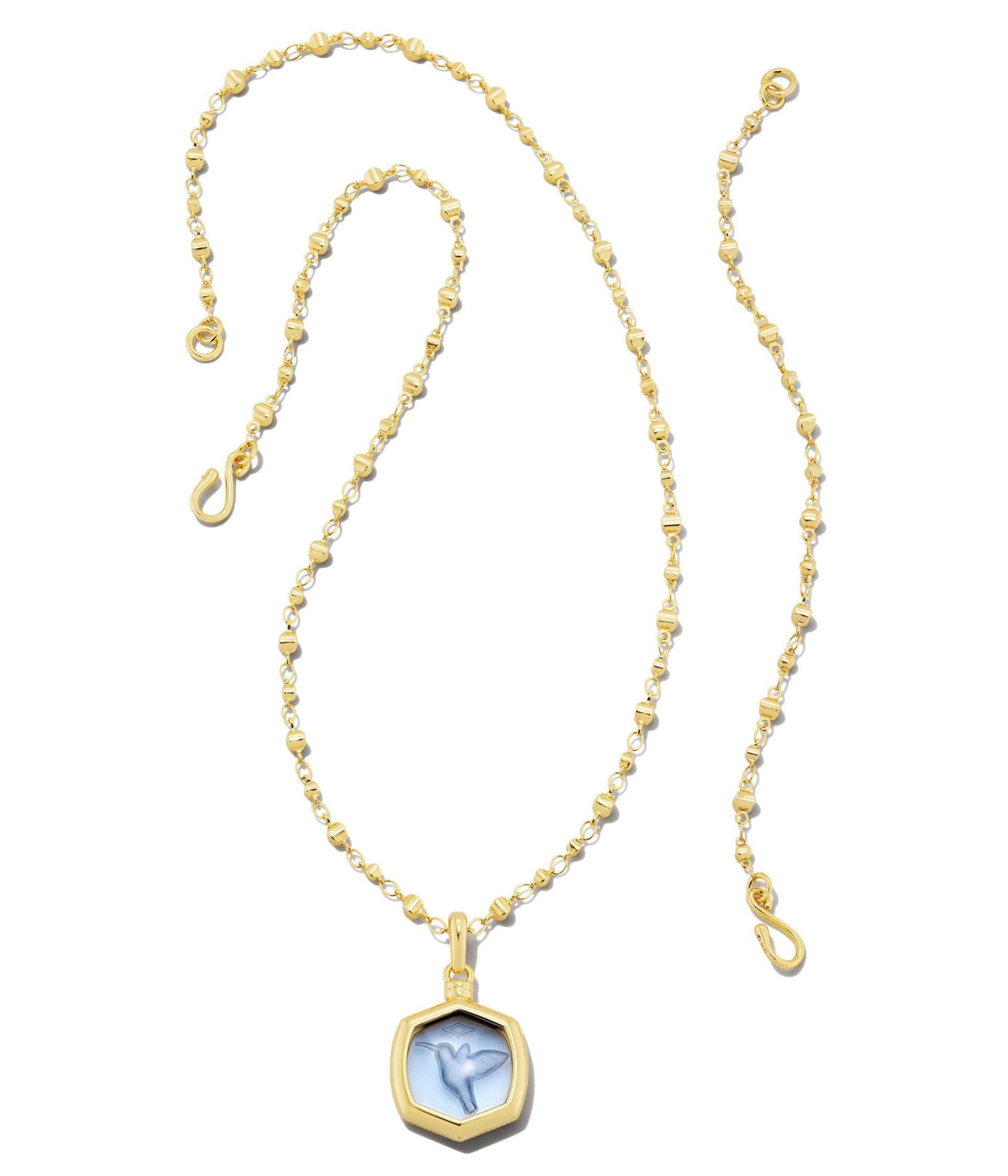 Kendra Scott Davie Intaglio Pendant Necklace Gold Light Sky Blue Glass Hummingbird One Size