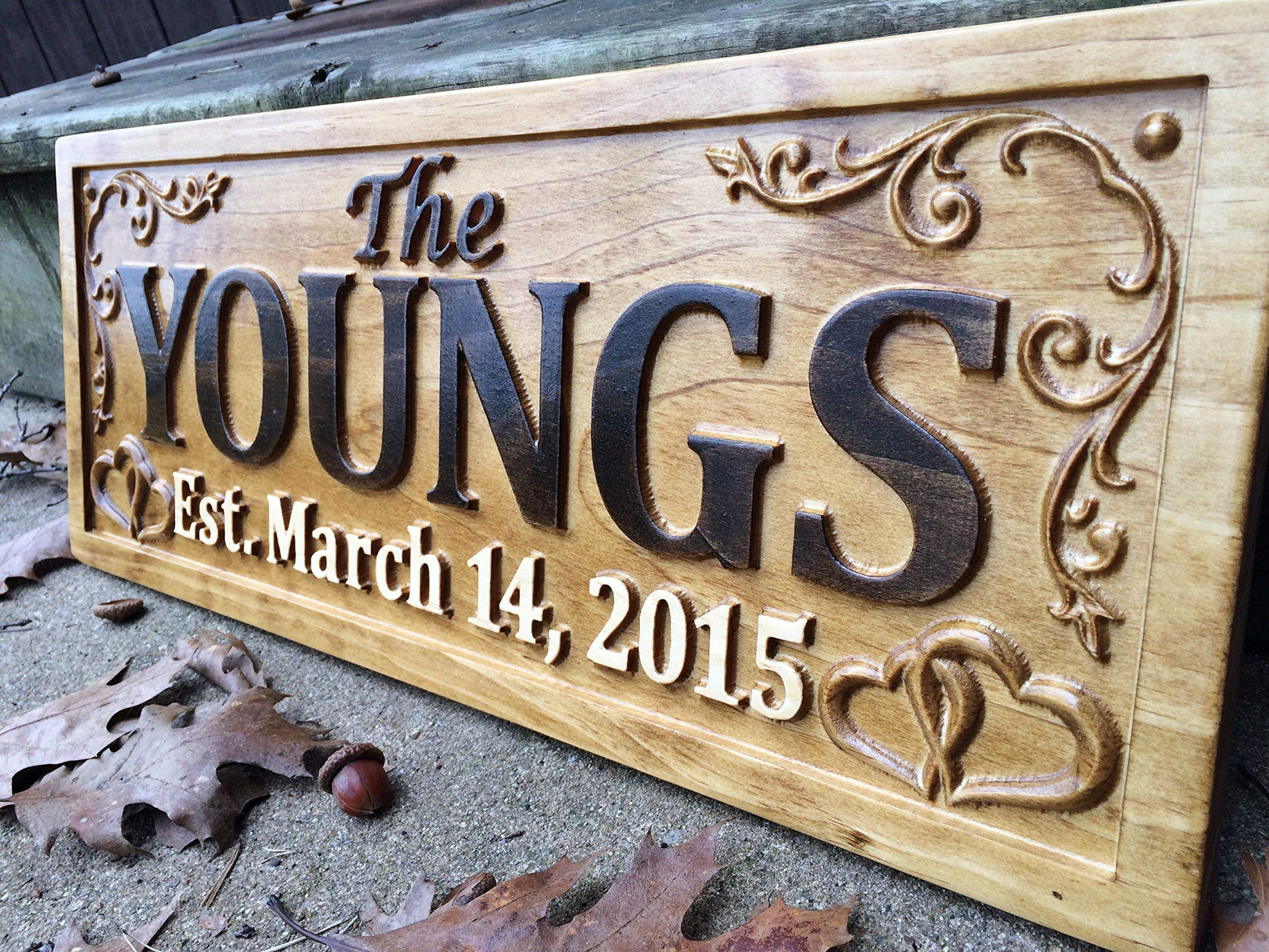 Personalized Family Name Sign Wedding Gift Custom Carved Wooden Signs Last Name Décor Established Wood Plaque 3D Engraved Couple 5 Year Anniversary