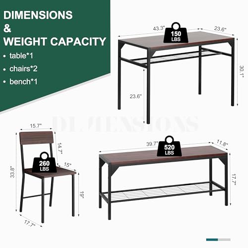Shintenchi Kitchen Table Chairs Set of 4, Dining Table Set for 4 with Bench and Chairs, 4 Pieces Kitchen Table Set with Storage Rack & Metal Frame for Small Space, Brown