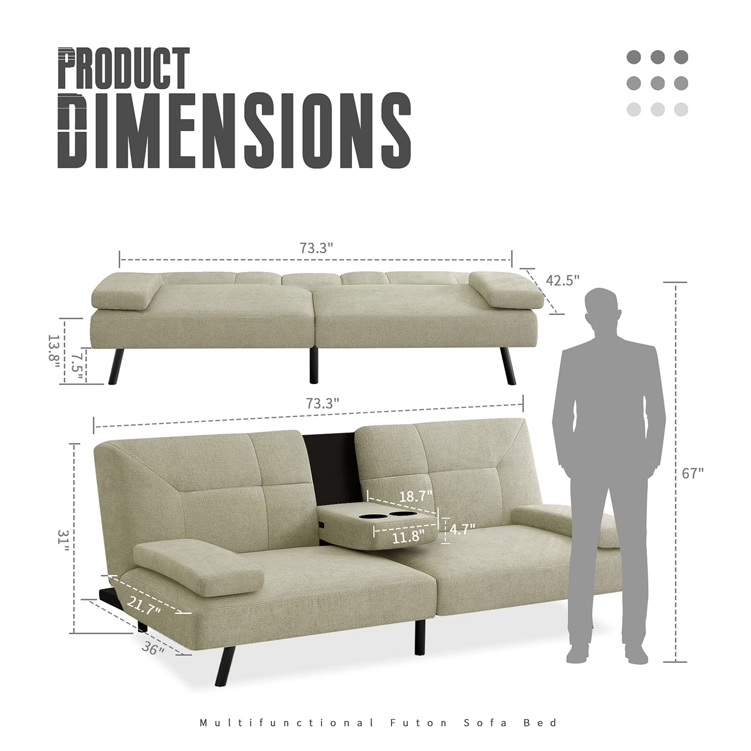 IULULU Sofa Bed, Modern Convertible Futon Sleeper Couch Daybed with 2 Cup Holders, Removable Memory Foam Armrests for Studio, Apartment, Office,Living Room, Sage Grey