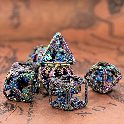 Metal DND Dice Set - Imprisoned Dragon Core Metal Dice Set for Role Playing Games (RPG) - Beautiful & Intricate Polyhedral DND Metal Dice - Stunning D&D Dungeons and Dragons Dice Set (Rainbow)