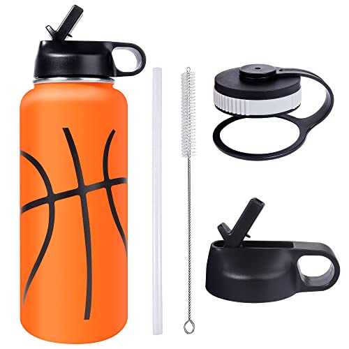 LaiChary 32oz Wide Mouth Basketball Water Bottle with Two Lids(Straw, Handle Lid), 18/8 Stainless Steel Vacuum Insulated for Travel & Sport Cup. (Basketball Brown, 32oz)