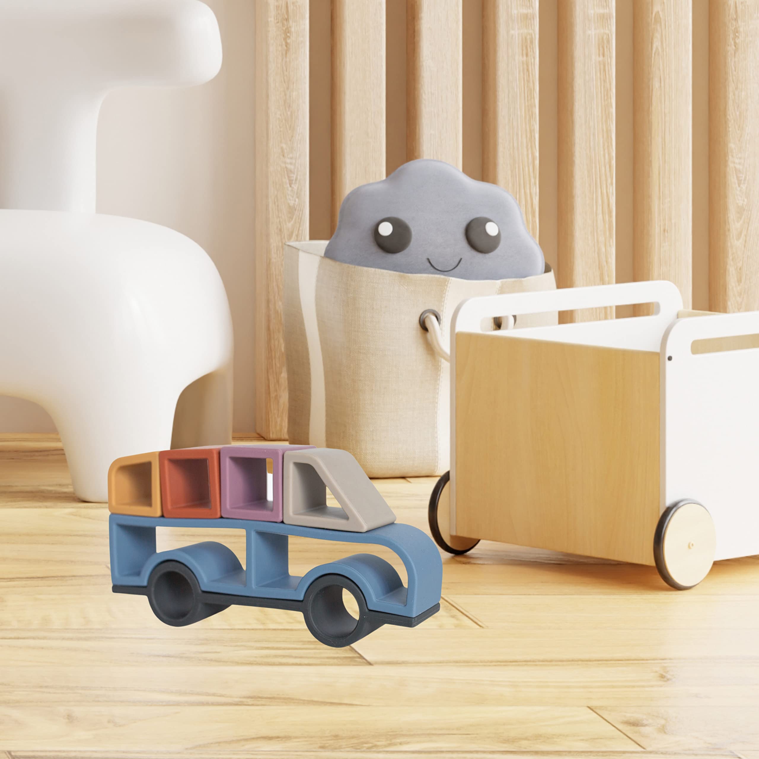 Mango Co. Silicone Toy Car Blocks Baby Teether Montessori Toys Stacking Car Building Block Set Learning Educational Sensory Toy Soft Stacking Blocks for Infant and Toddler(1 Pack, Sand)