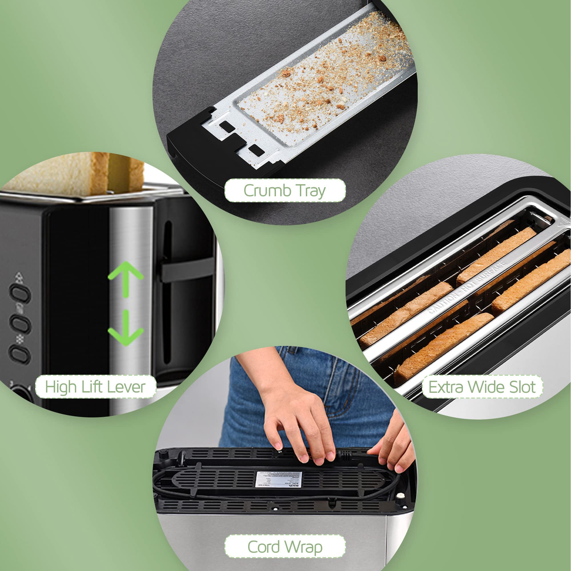 LyriFine Toaster 4 Slice, Long Slot 2 Slice Toaster for Artisan Sourdough Breads, Stainless Steel Toaster with Warming Rack, Extra Wide Slots for Bagels Waffles (Silver), Extra Large 10''x1.5''