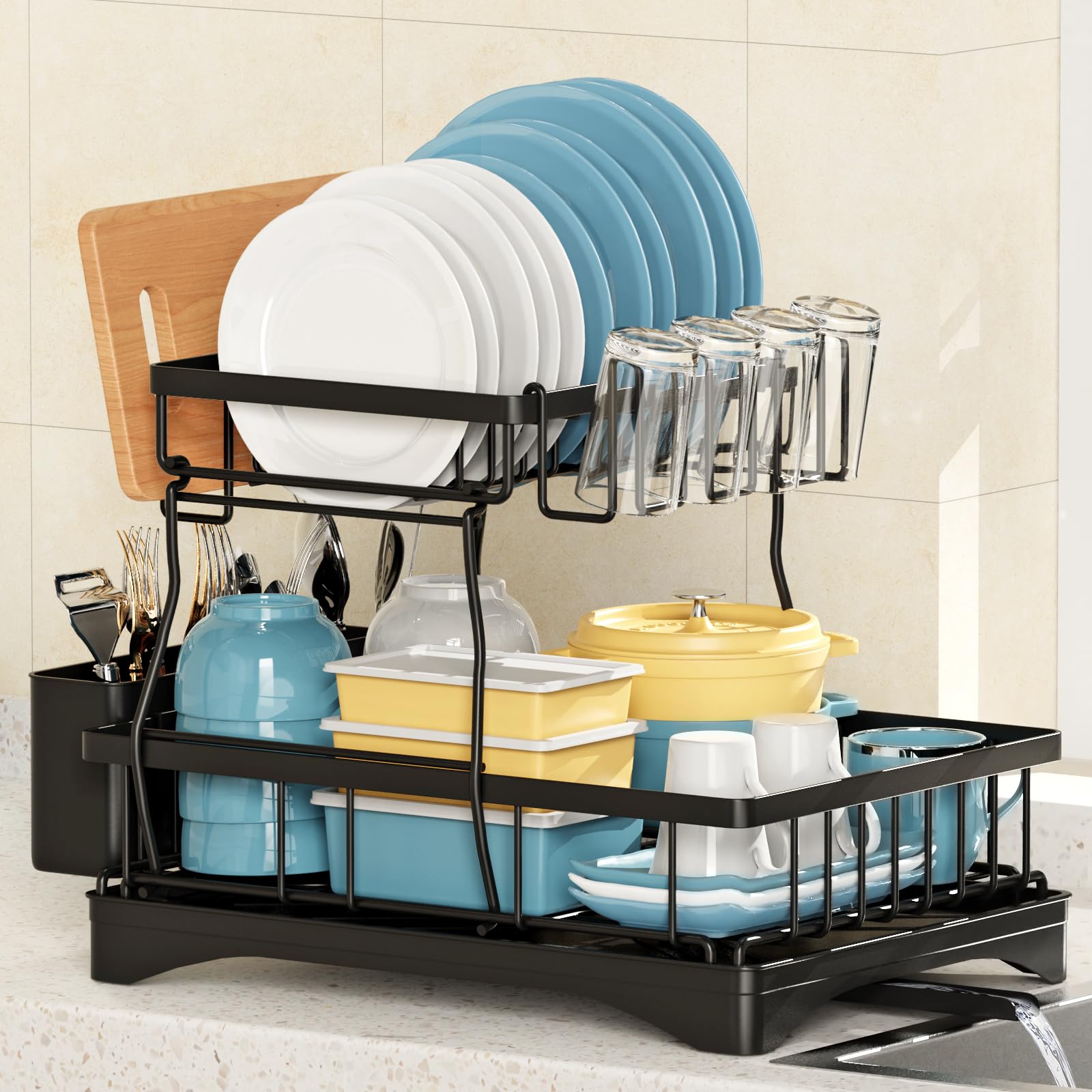 IVMAIE 2 Tier Dish Drying Rack, Auto-Drain Dryer Racks with 270° Rotating Spout, Stainless Steel Large Dish Drainers with Drainboard, Utensil Holder, Cutting Board Holder for Kitchen Counter, Black